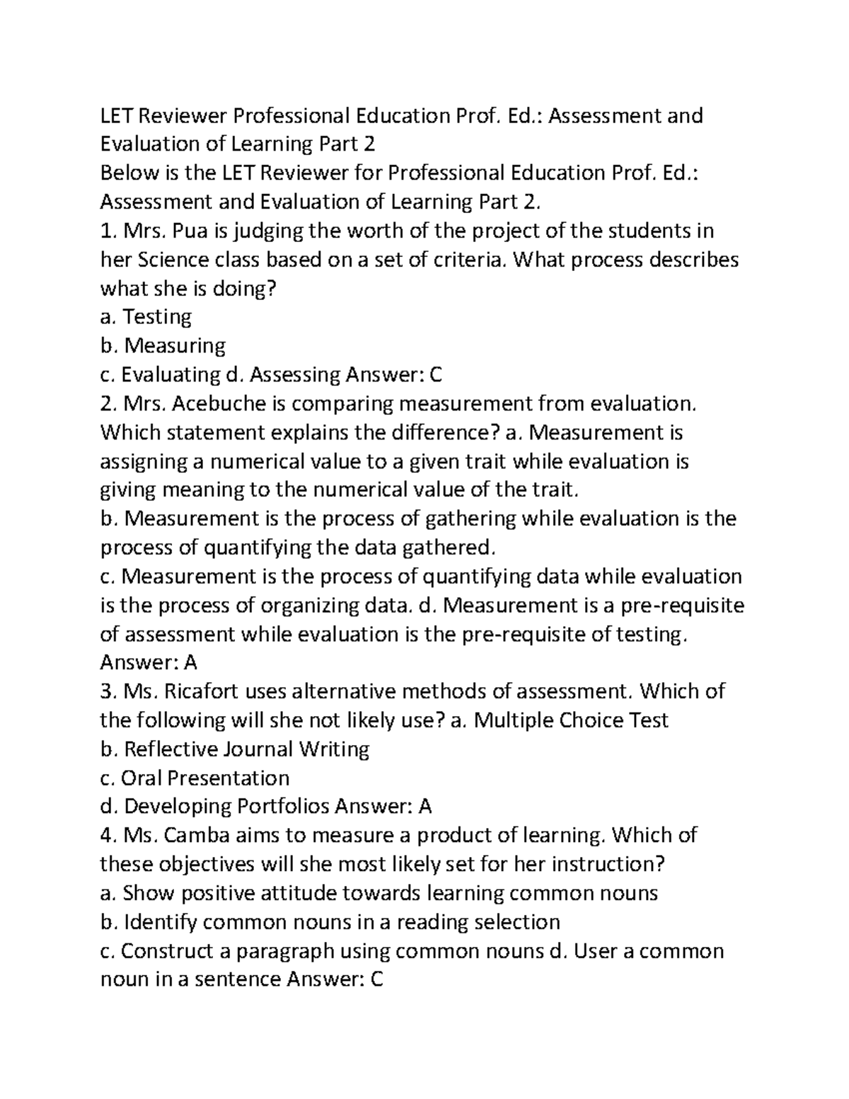 ASSESSMENT OF LEARNING PART2 - LET Reviewer Professional Education Prof ...
