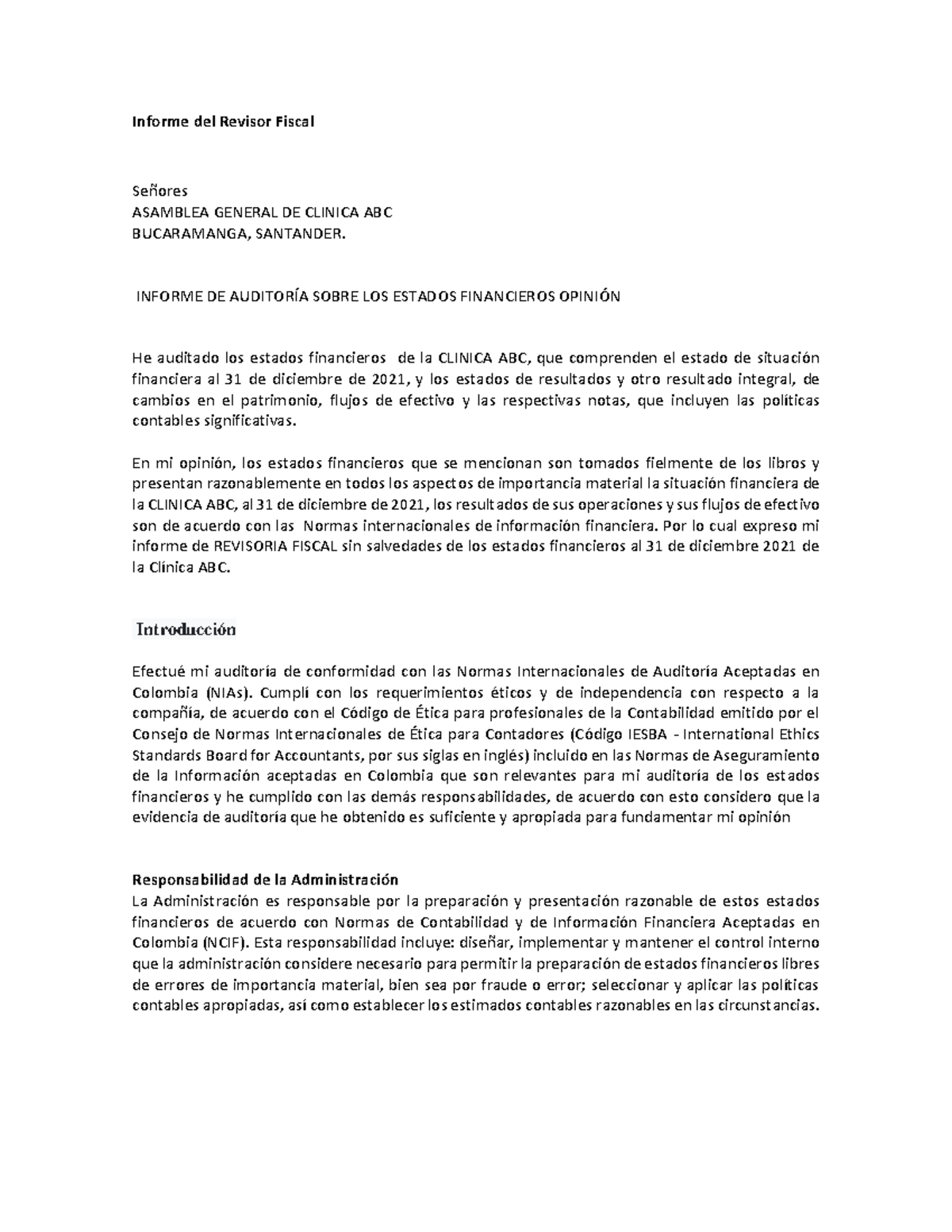 Informe Revisor Fiscal Informe Del Revisor Fiscal Señores Asamblea