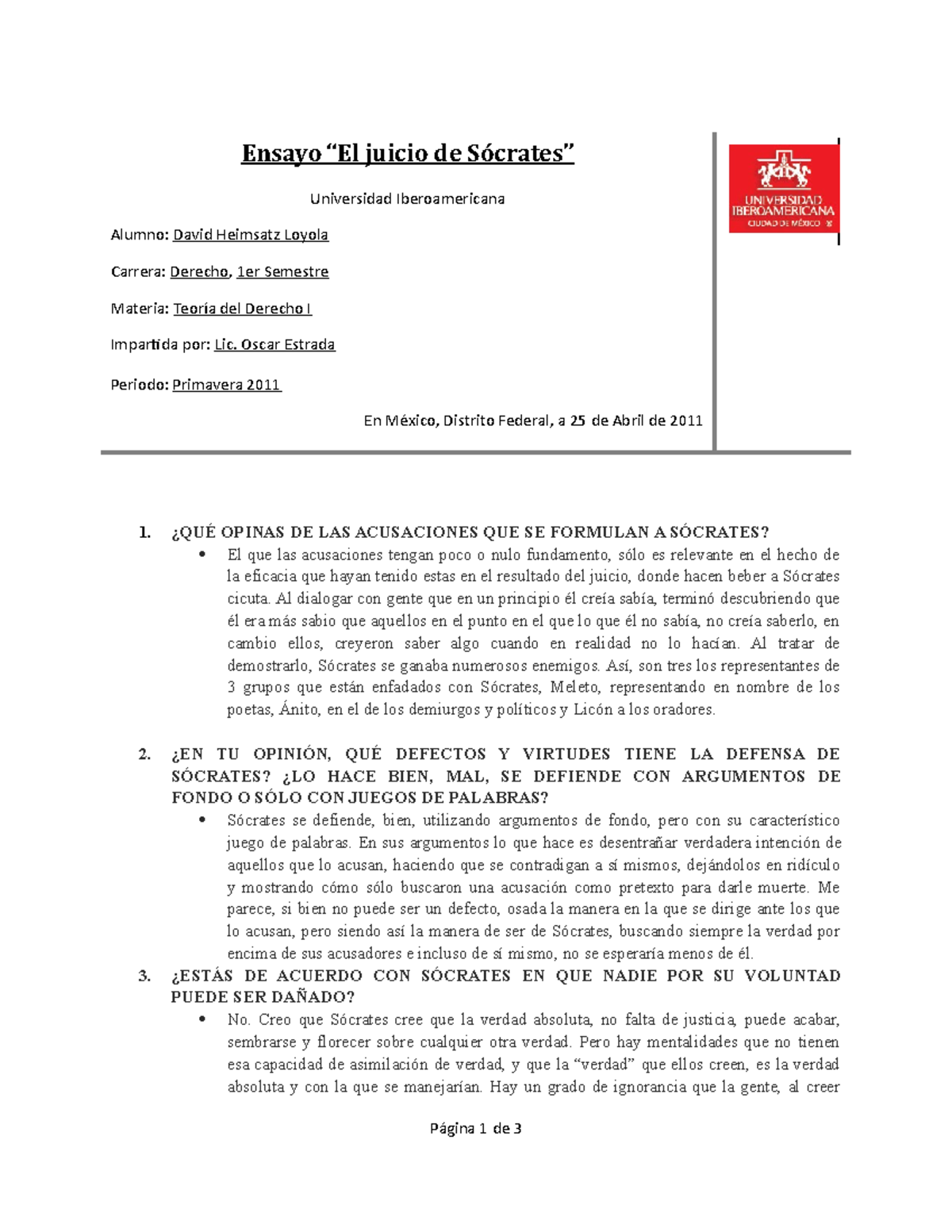 Ensayo El juicio de Socrates 1 - Ensayo “El juicio de Sócrates ...