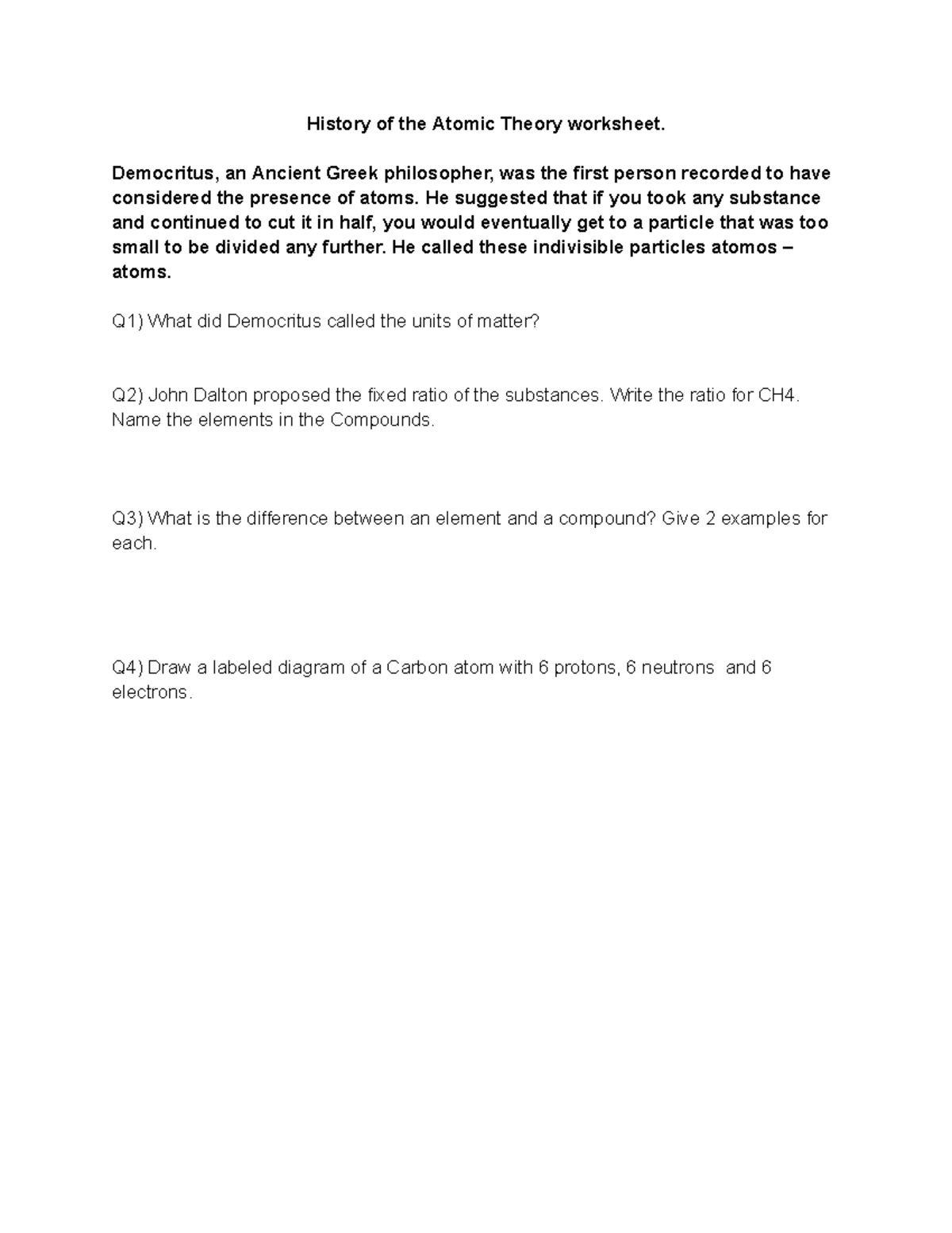 Atomic Theory worksheet - Democritus, an Ancient Greek philosopher, was ...