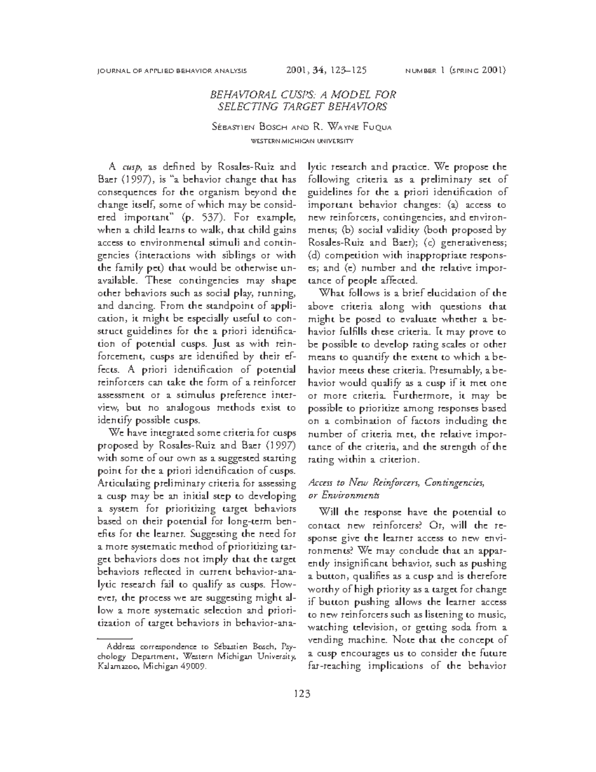 Behavioral Cusps amodel selecting target behaviors - 123 JOURNAL OF APPLIED BEHAVIOR ANALYSIS ...