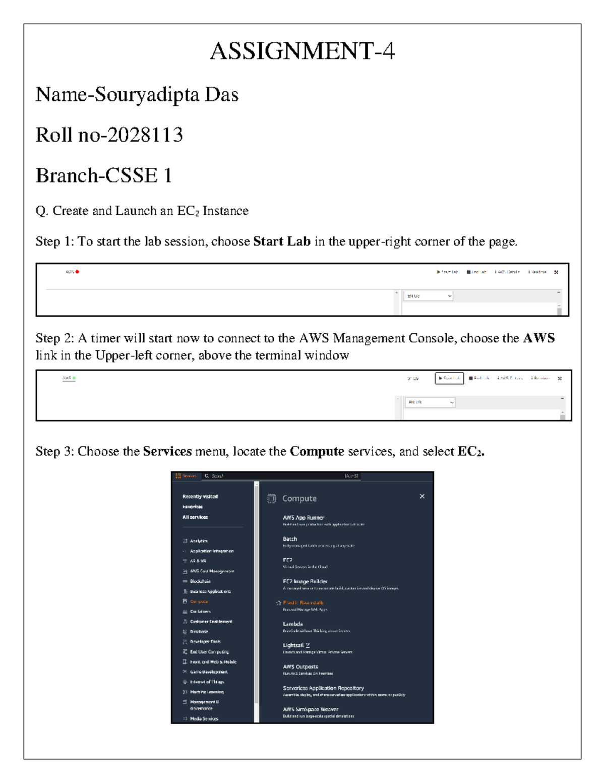 Cc Assignment 4 Aws Lab Steps With Screenshots Assignment Name Souryadipta Das Roll No