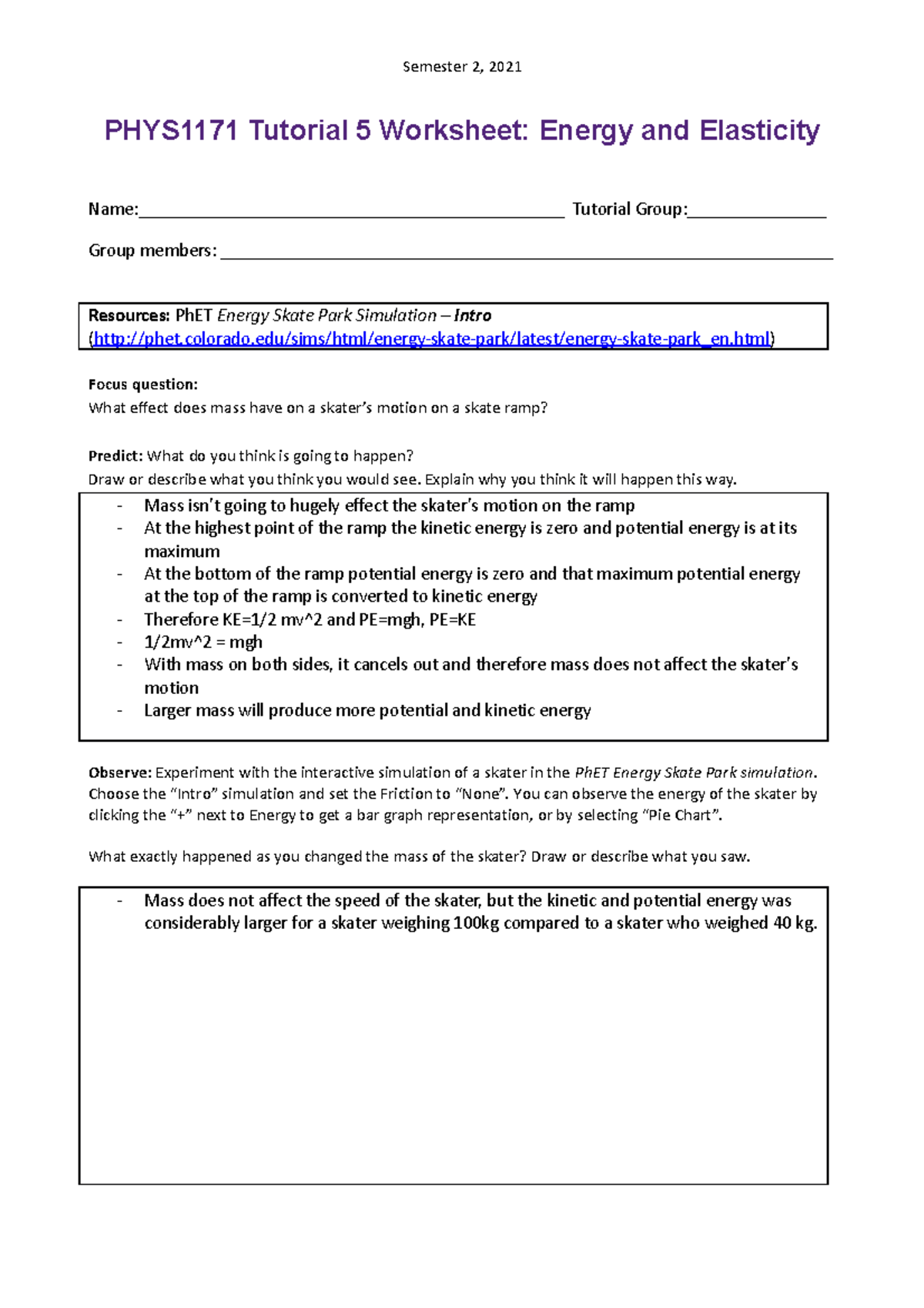 PHYS1171 2021s2.Tutorial 05 Worksheet - Energy and Elasticity ...
