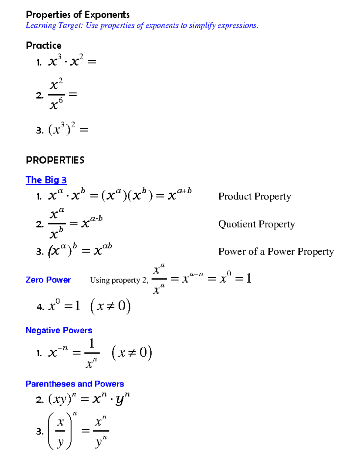 Properties of Exponents Lesson 23-24 - Properties of Exponents Learning ...