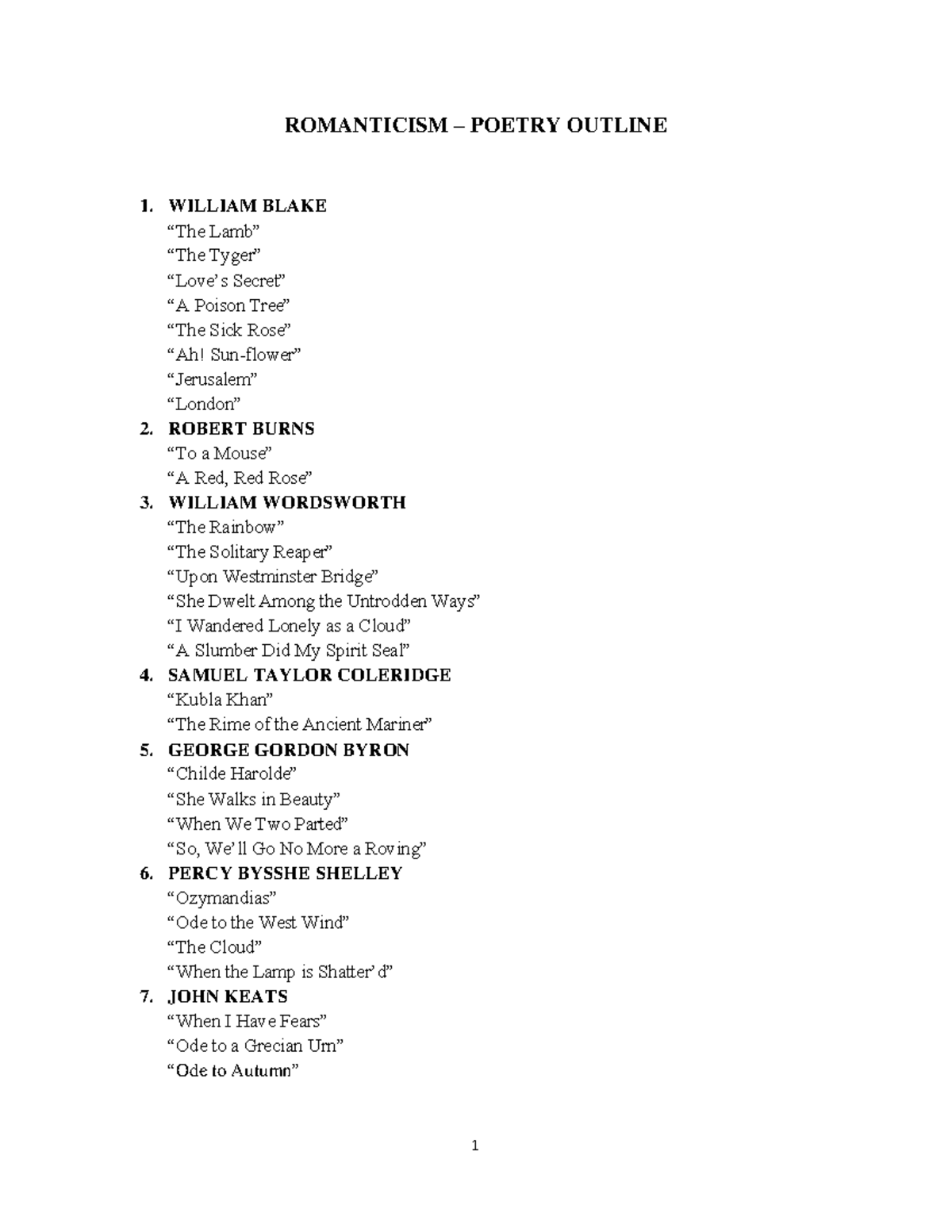 Poetry PACK - Romanticism - ROMANTICISM – POETRY OUTLINE 1. WILLIAM ...