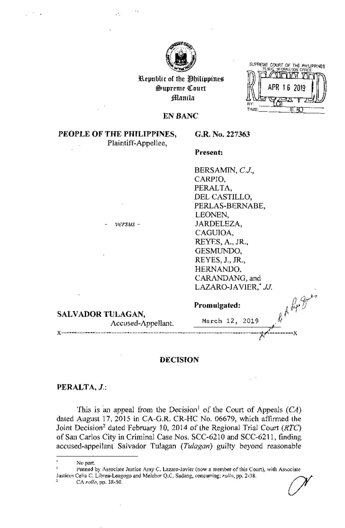 5. People VS Tulagan GR NO. 227363, MARCH 12, 2019 CASE DIGEST-CRIMINAL ...