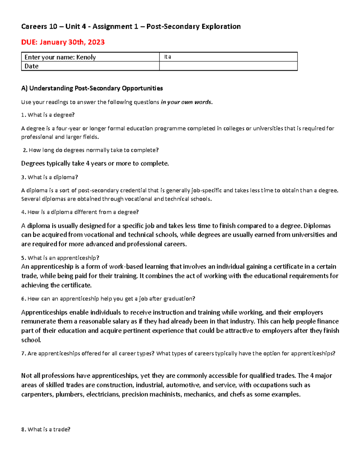 CLE10 Unit 4 - Post-Secondary Exploration Assignment - Careers 10 ...