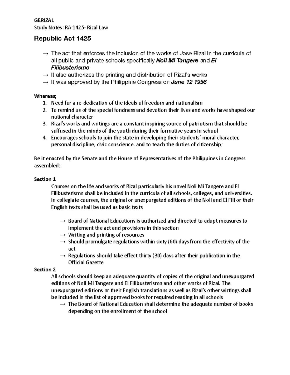 Study Notes- The Rizal Law - Study Notes: RA 1425- Rizal Law Republic ...