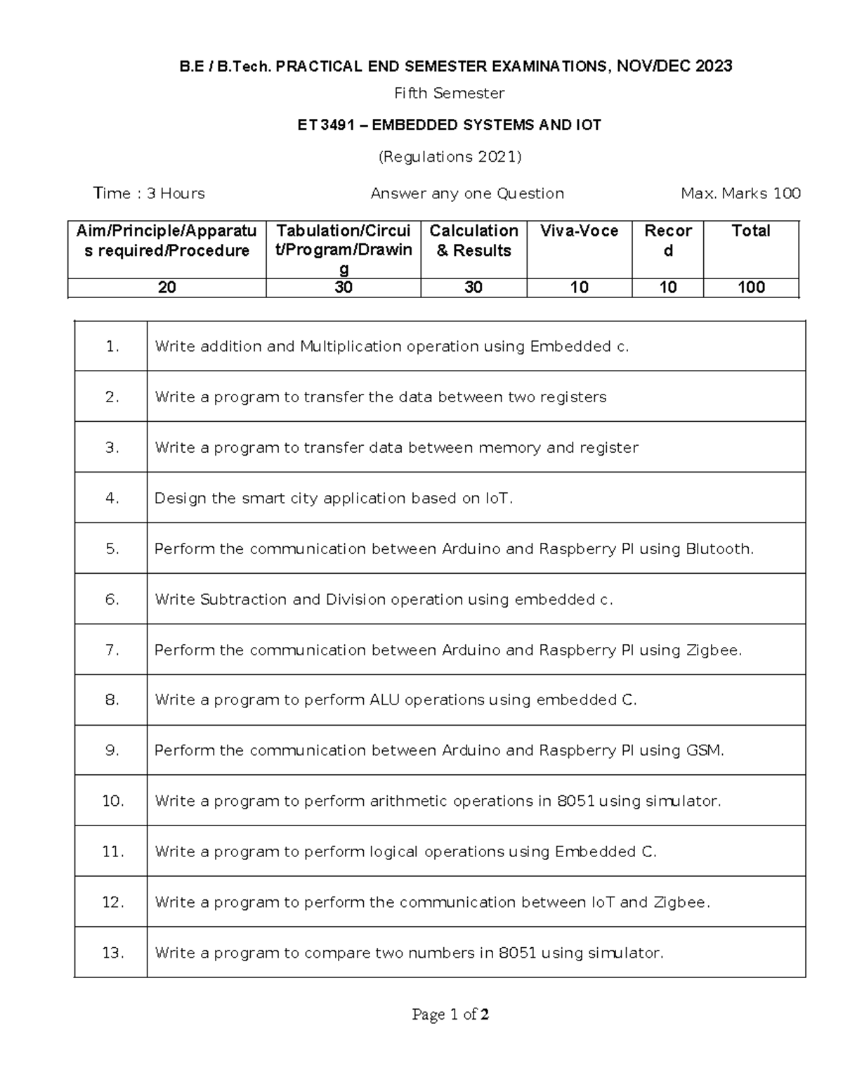 ET 3491 SET1 - ESIOT LAB QP - Page 1 of 2 B / B. PRACTICAL END SEMESTER ...