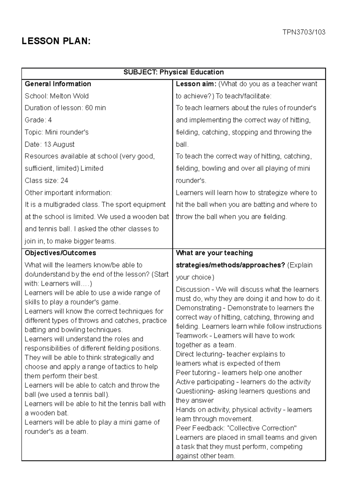 Les 5 (Repaired) - Lesson plan 5 for physical education in practical ...