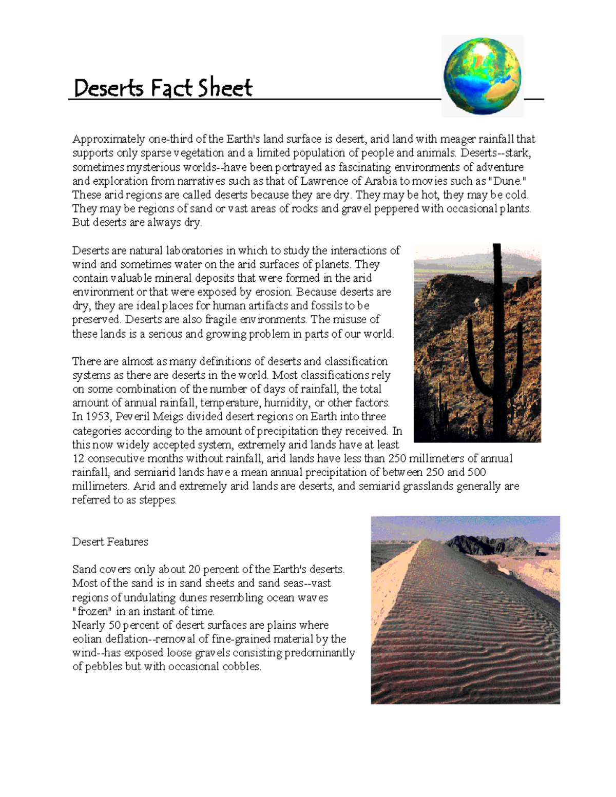 Natural resources desert fact sheet - Deserts Fact Sheet Approximately ...