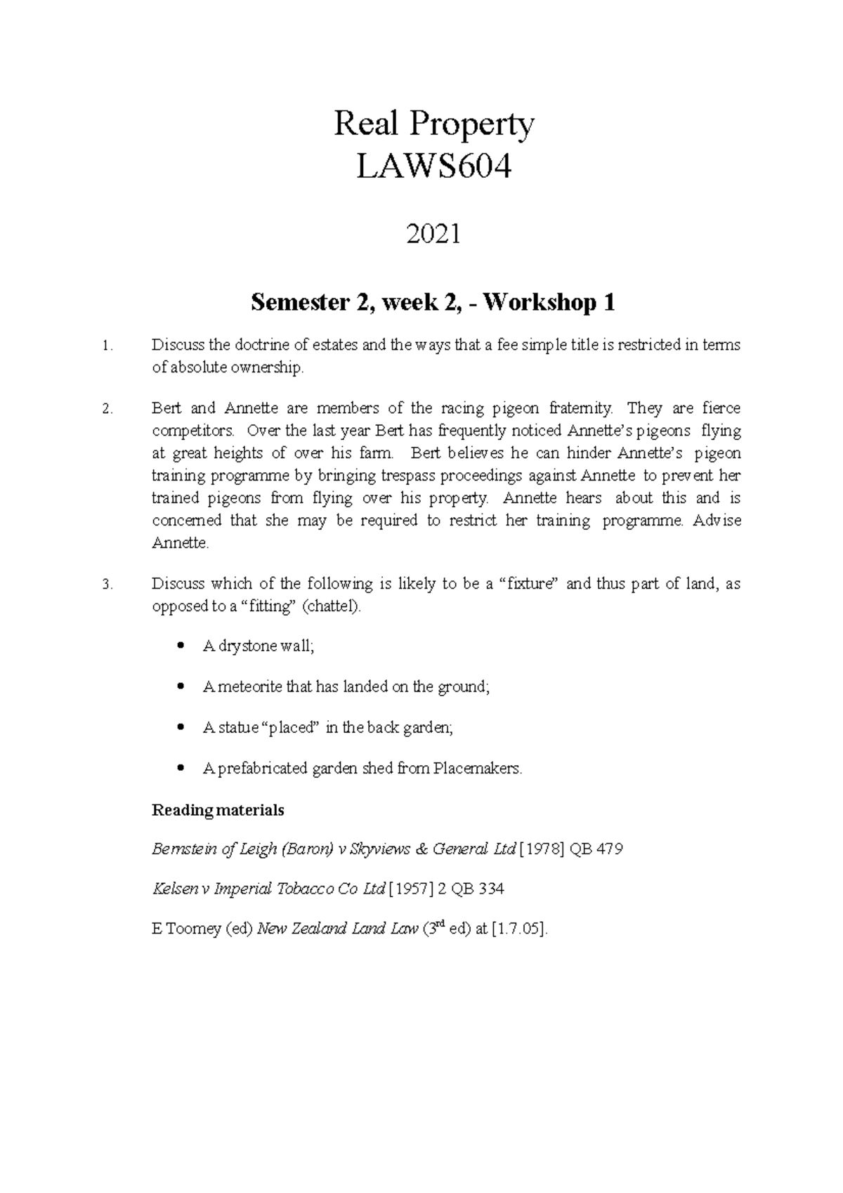 Real Property 2021 Workshop 1 160721 - Real Property LAWS 2021 Semester ...