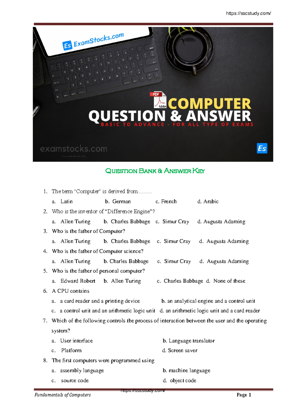 Basic & Fundamentals Questions Of Computer PDF [sscstudy - FUNDAMENTALS ...