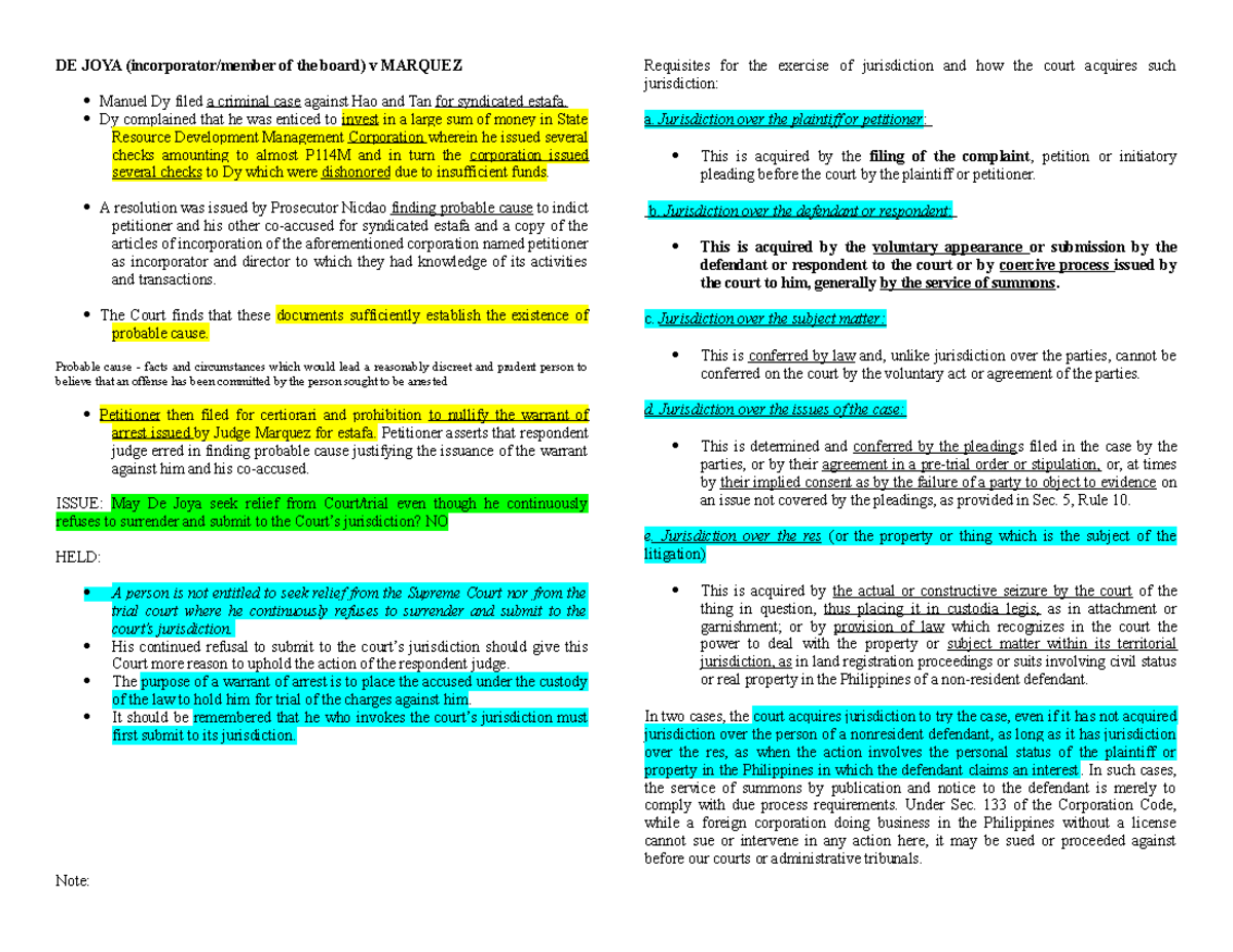 DE JOYA v Marquez - Case digest - DE JOYA (incorporator/member of the ...