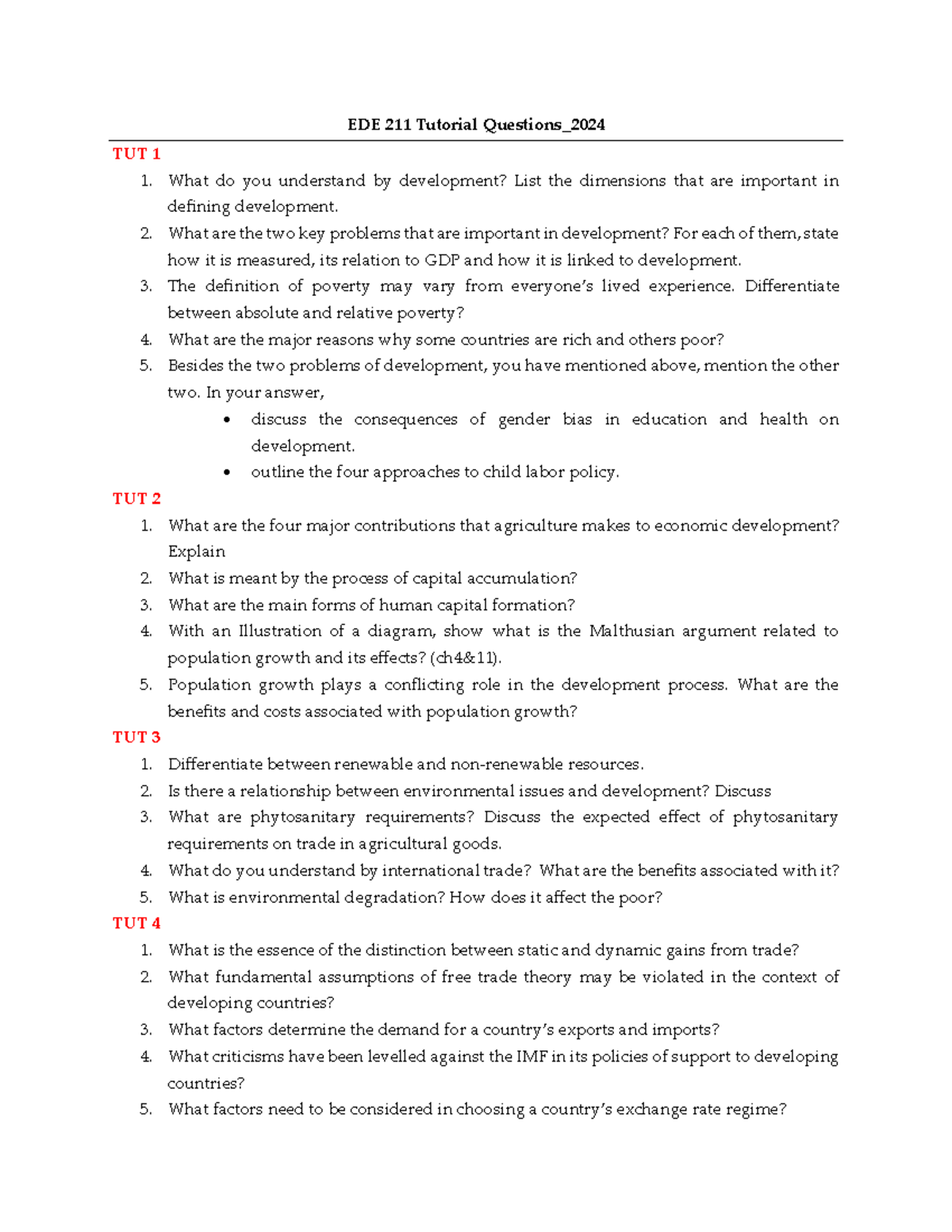 TUTorial Q's.pdf - EDE 211 Tutorial Questions_202 4 TUT 1 What do you understand by development ...