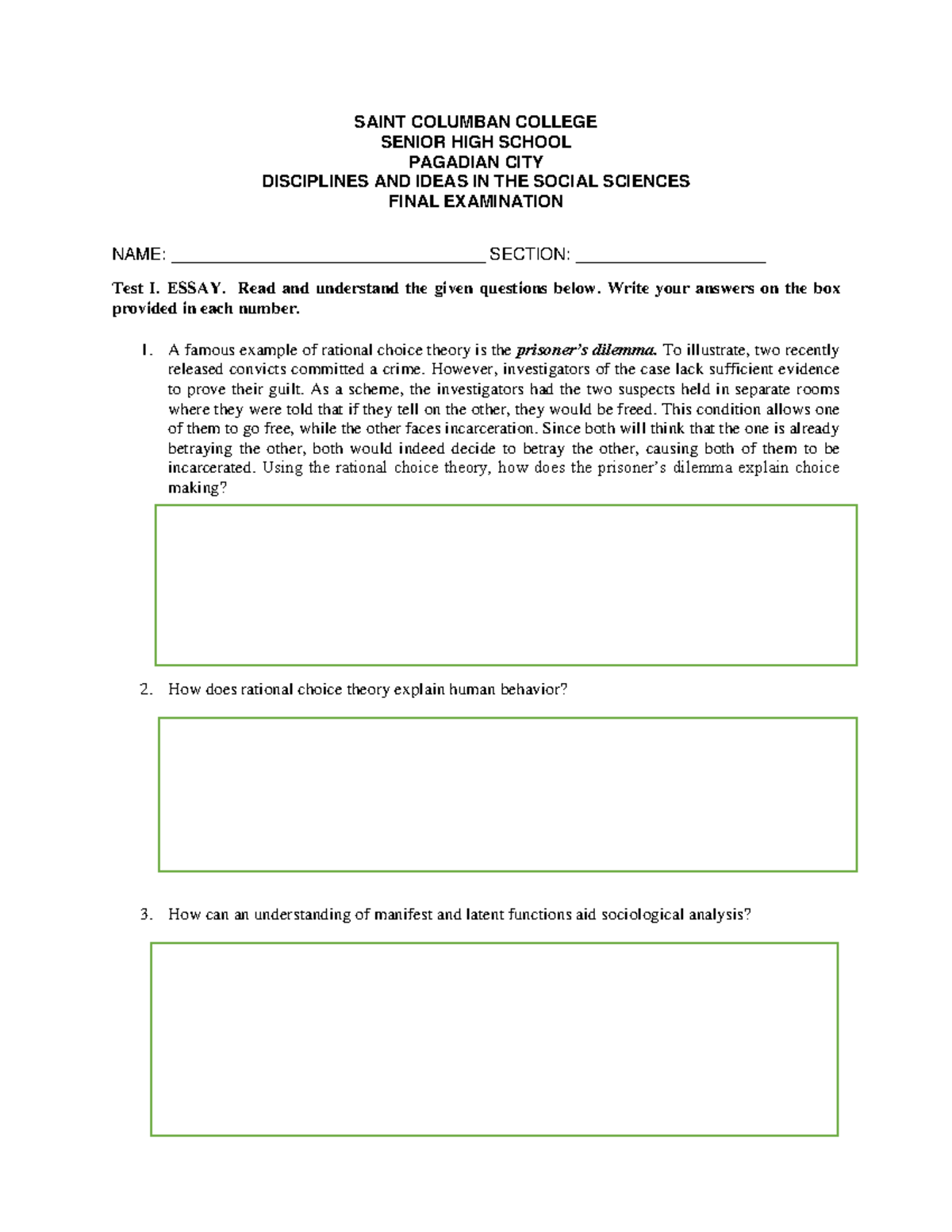 Socsci 13- Final EXAM - SAINT COLUMBAN COLLEGE SENIOR HIGH SCHOOL ...
