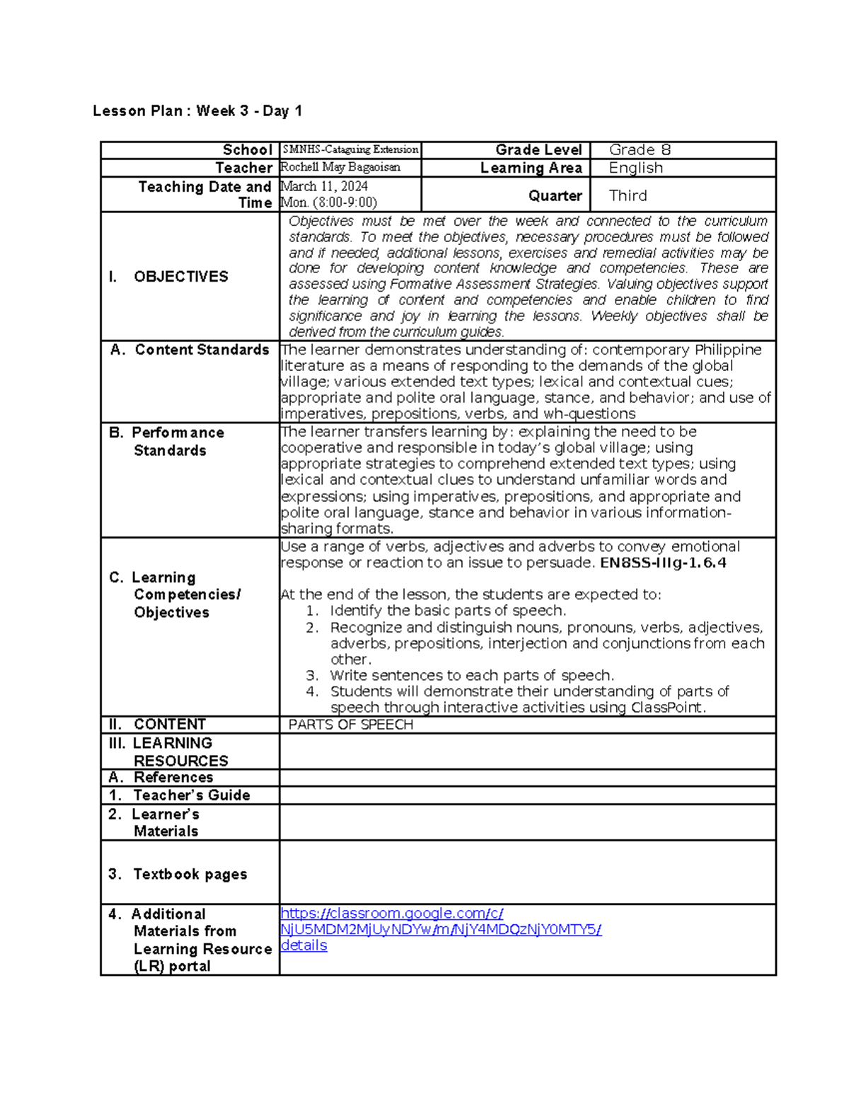 Lesson plan with Classpoint - Lesson Plan : Week 3 - Day 1 School SMNHS ...