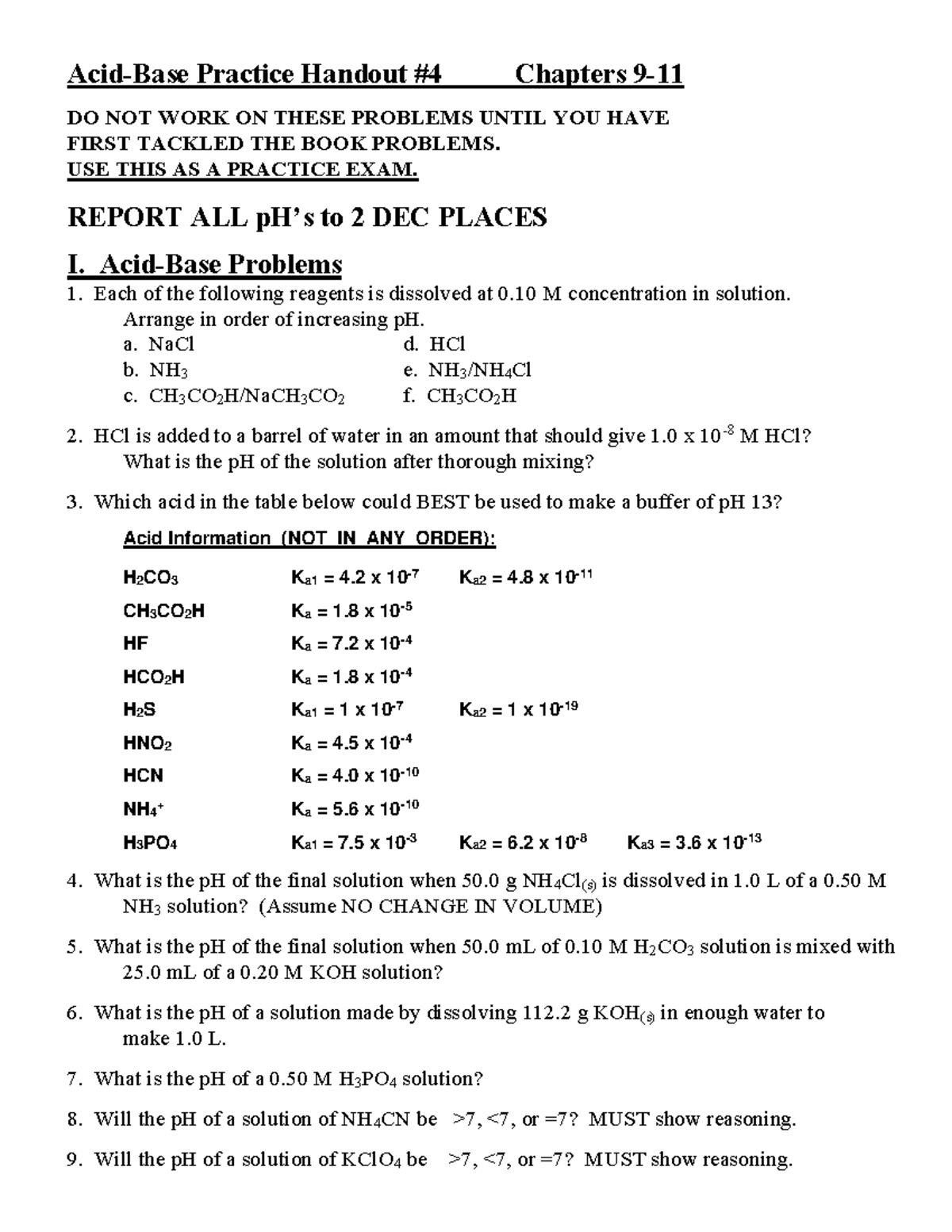 Acid-Base Practice Handout 4 - Practice Exam - Acid-Base Practice ...