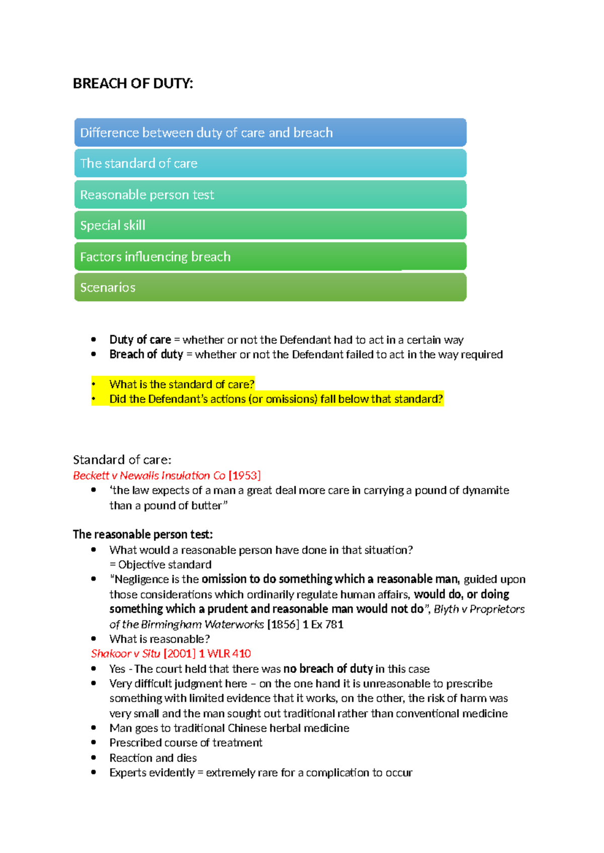 Breach OF DUTY - BREACH OF DUTY: Duty of care = whether or not the ...