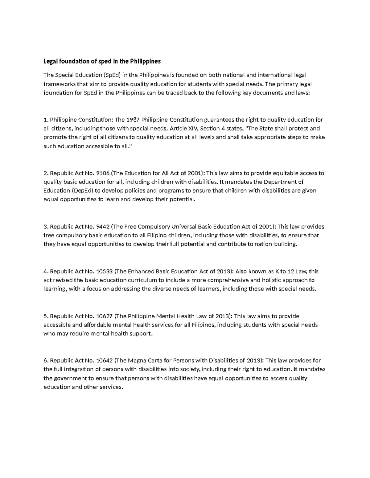 Legal foundation of sped in the Philippines - The primary legal ...