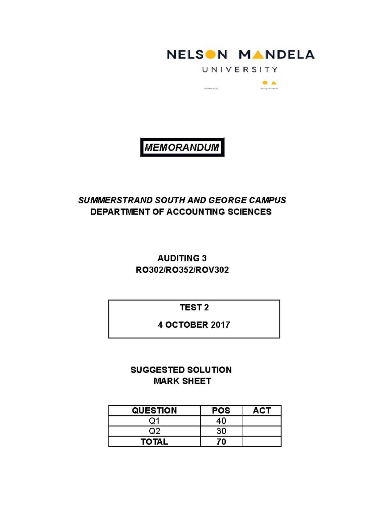 RO302 TEST 2 2017 Solution - ro301 - Mandela - Studocu