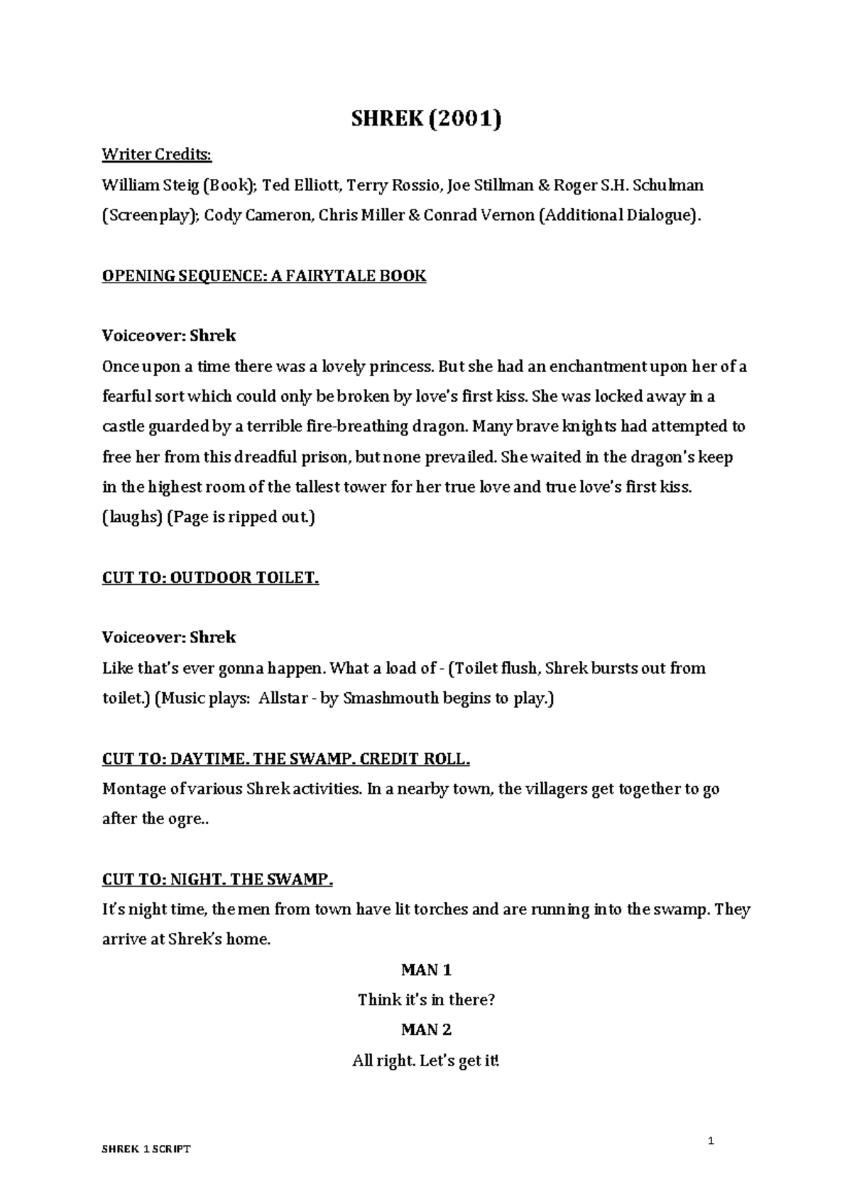 Shrek - Scriptment - dit is geweldig - 1 SHREK (2001) Writer Credits ...