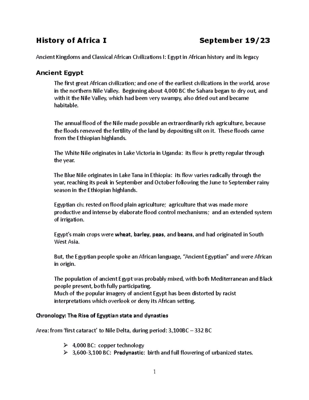 History of Africa I - Sept 19 - Notes - History of Africa I September ...