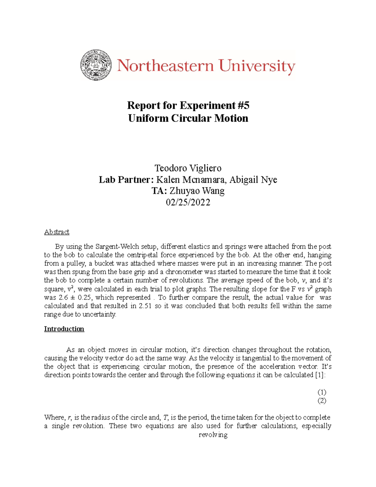 Lab Report 3- Circular Motion - Report for Experiment Uniform Circular Motion Teodoro Vigliero ...