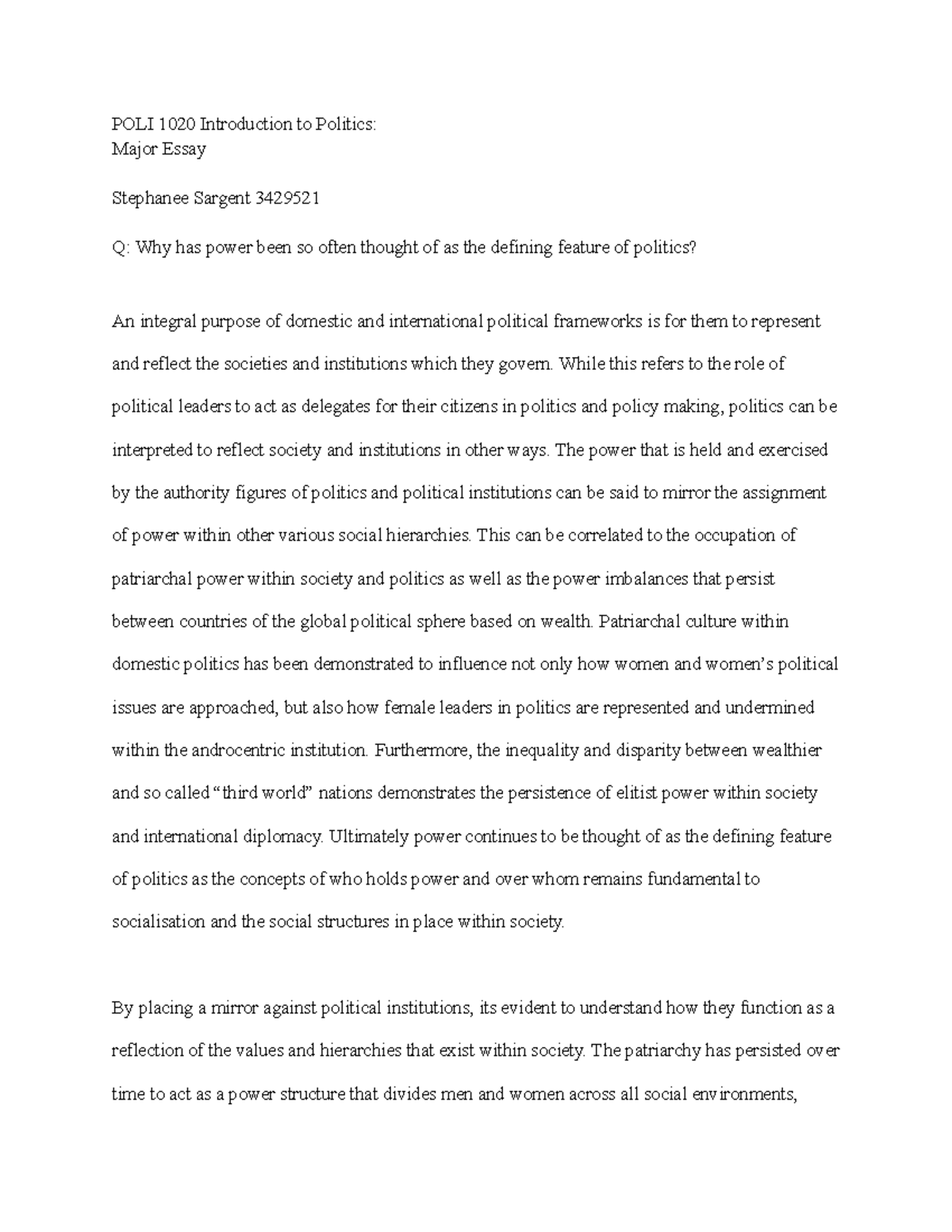 Poli major essay - power in politics - POLI 1020 Introduction to ...