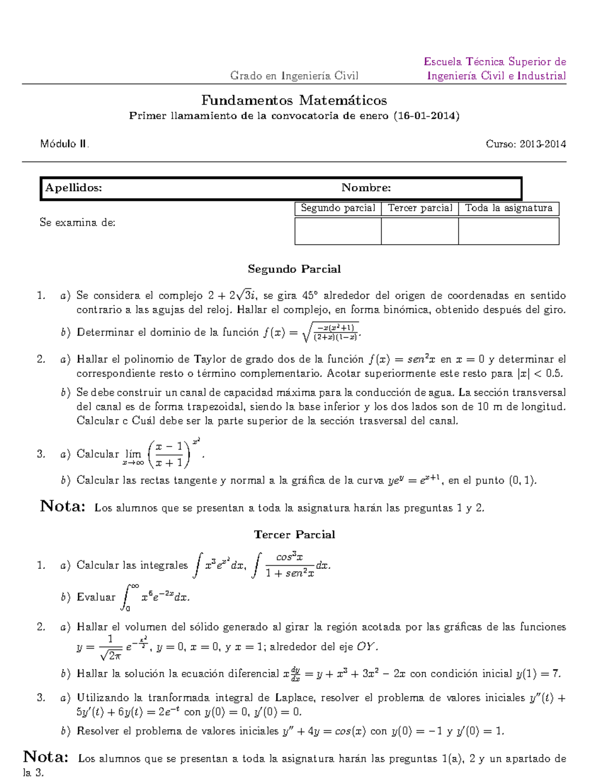 Examenes - Grado en Ingenier ́ıa Civil Ingenier ́ıa Civil e Industrial ...