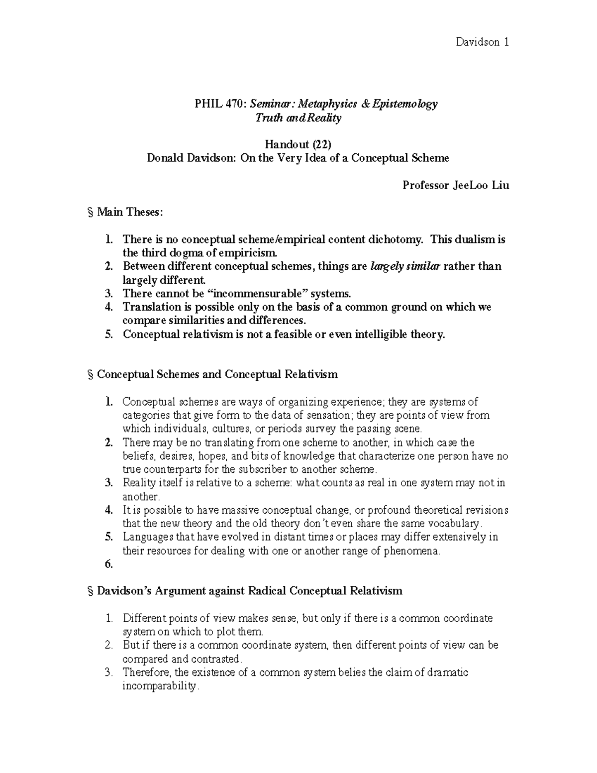 Davidson, Conceptual- Lecture notes - PHIL 470: Seminar: Metaphysics ...