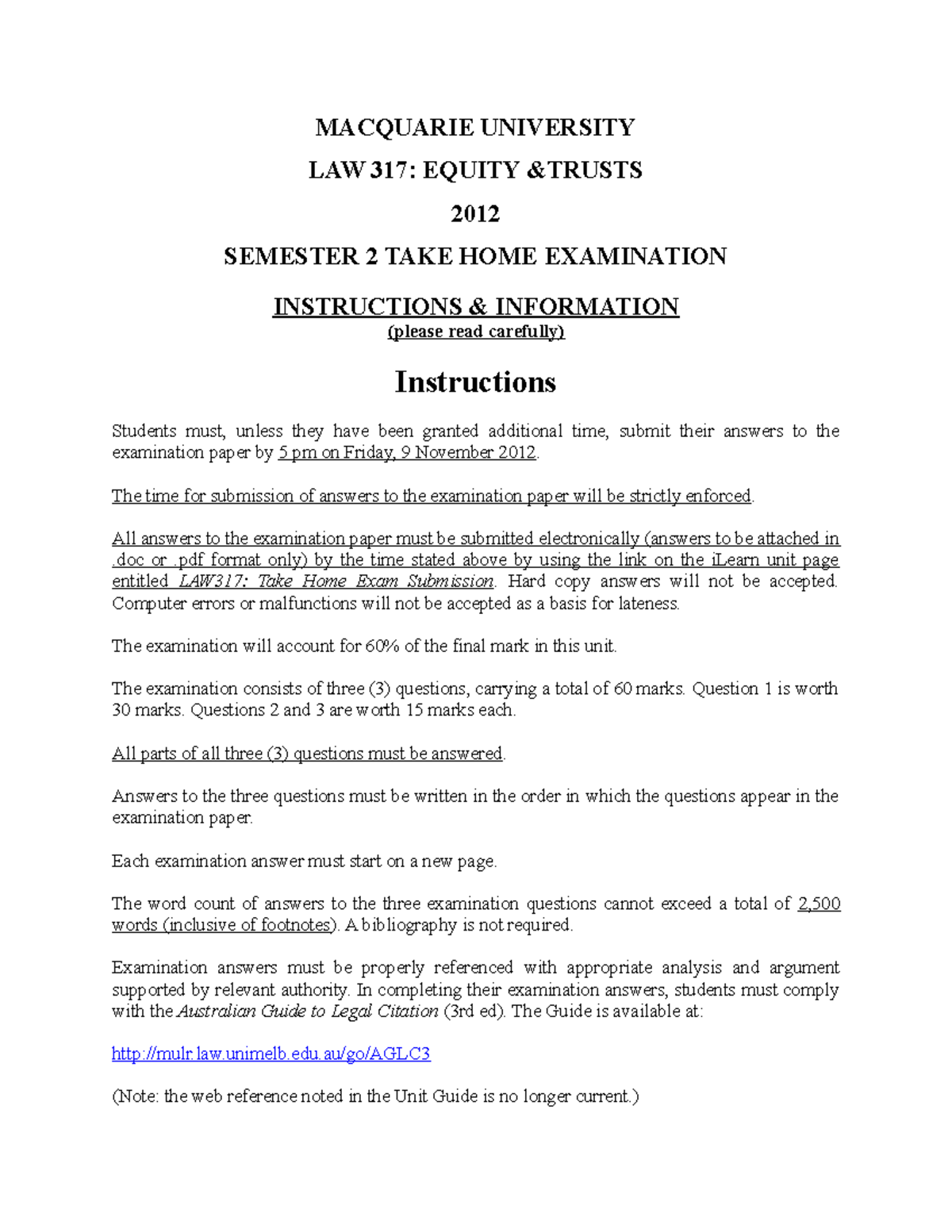 Exam 2012, questions - 2012 exam - MACQUARIE UNIVERSITY LAW 317: EQUITY ...