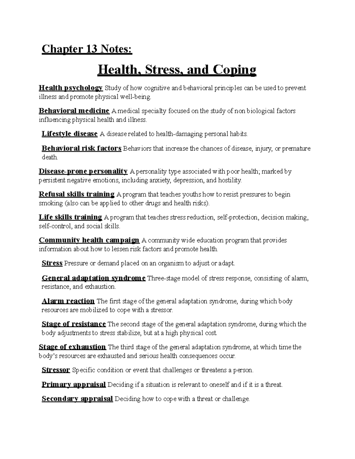 Health, Stress, and Coping - Chapter 13 Notes: Health, Stress, and ...