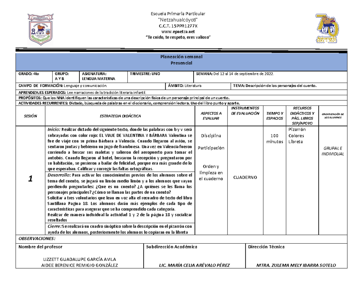 Planeacion 3 Cuarto Grado - Planeación semanal Presencial GRADO: 4to ...
