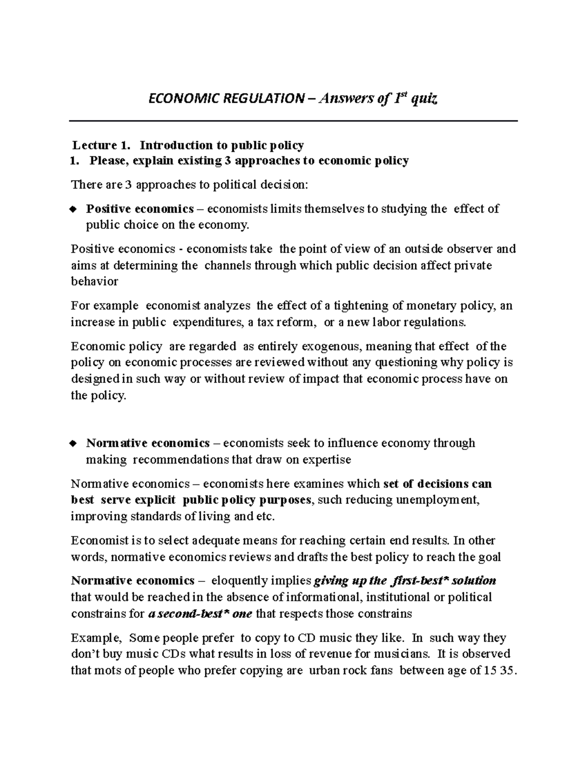 Economic Regulation Answers 1st quiz - ECONOMIC REGULATION – Answers of ...