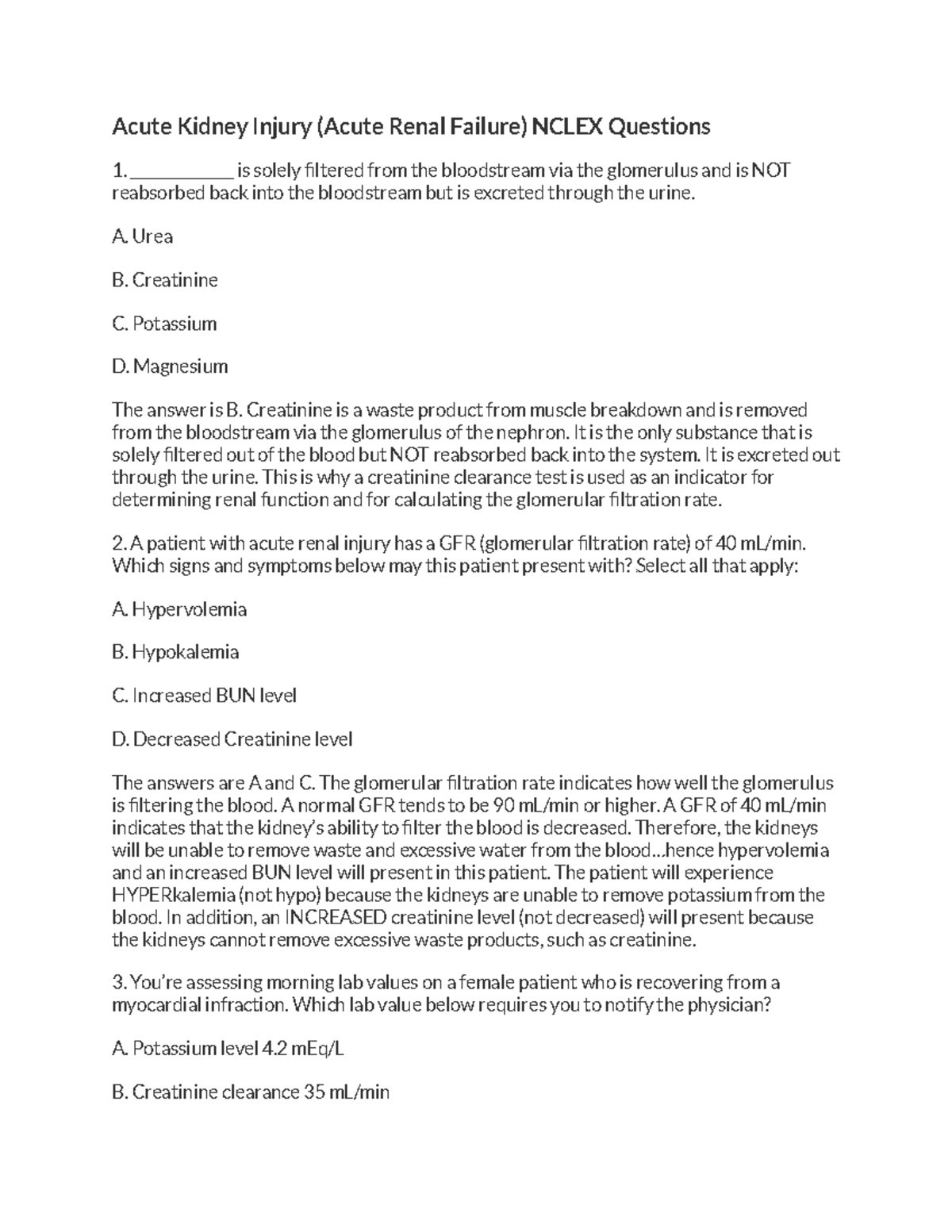 AKI Test Bank - Acute Kidney Injury Test Bank - Acute Kidney Injury ...