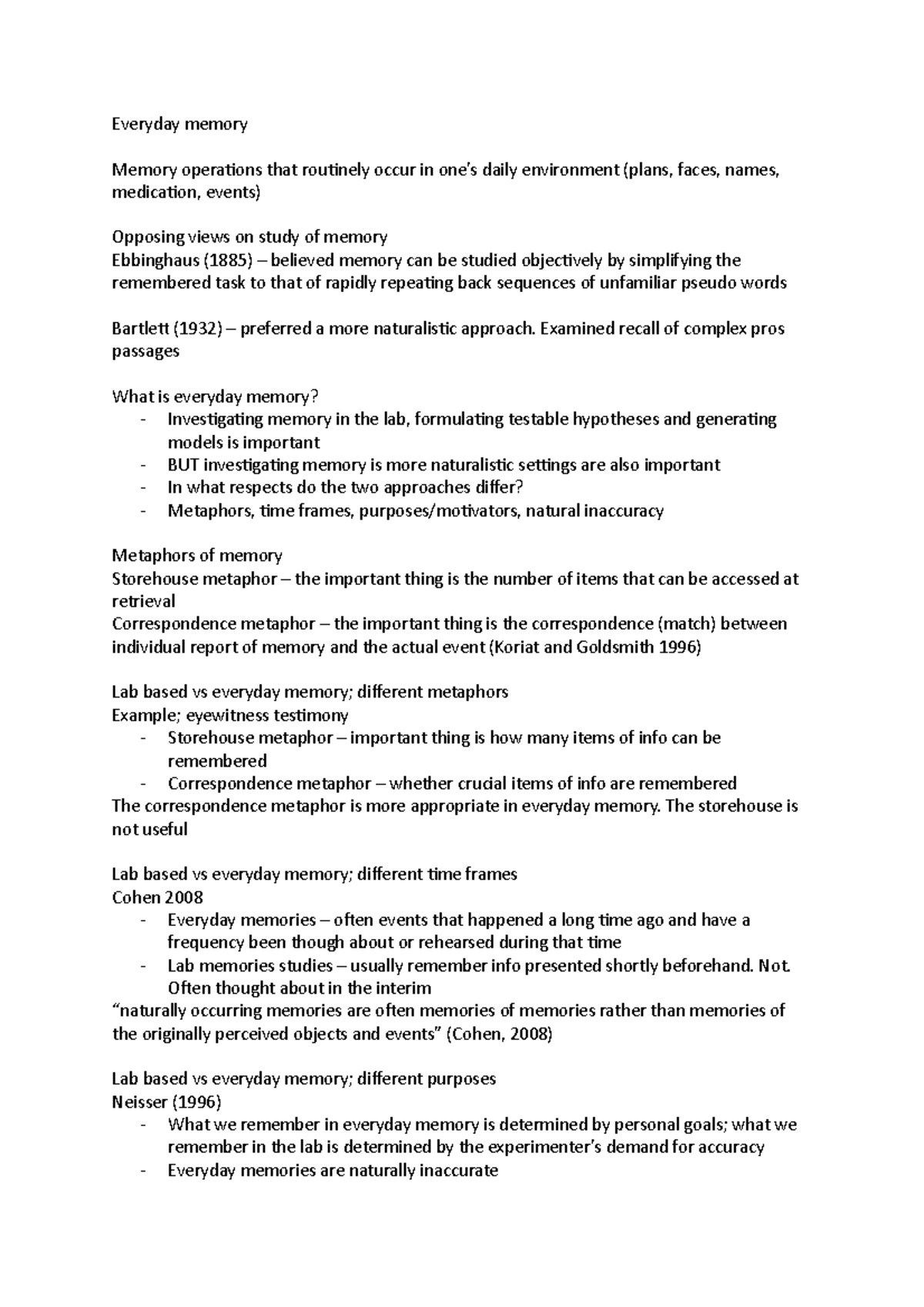 Lecture 9 - everyday memory - Everyday memory Memory operations that ...