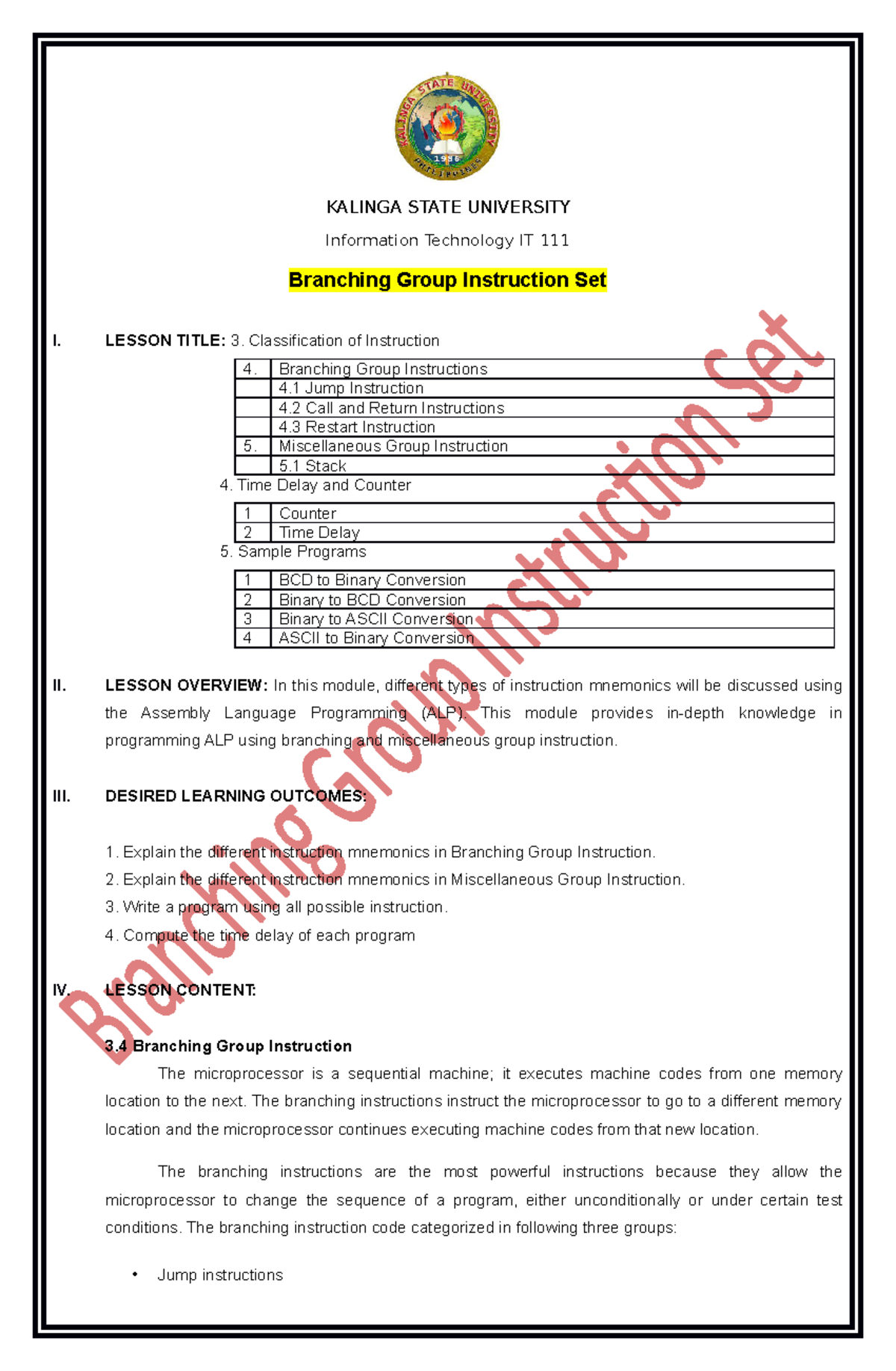 Branching Group Instruction Set - LESSON TITLE: 3. Classification of ...