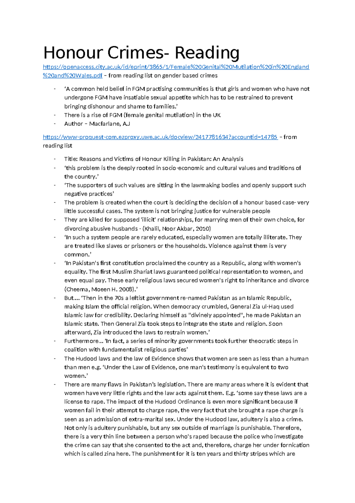 Honour Crimes- Sources - Honour Crimes- Reading - Studocu