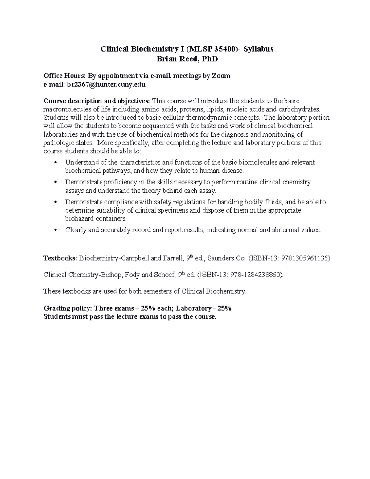 Biochem I Syllabus-2023 updated 1 - Clinical Biochemistry I (MLSP 35400 ...