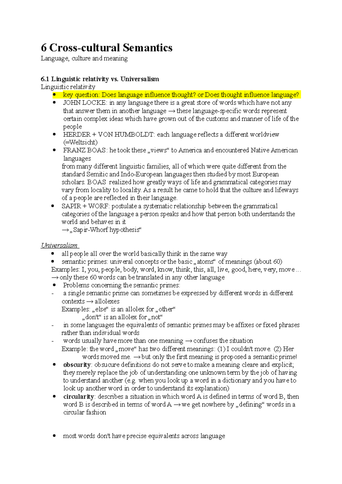 Summary Chapter 6 - WiSe - 6 Cross-cultural Semantics Language, culture ...