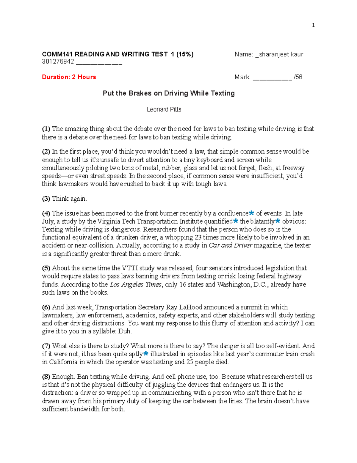 Reading and Writing Test 1 - COMM141 READING AND WRITING TEST 1 (15% ...