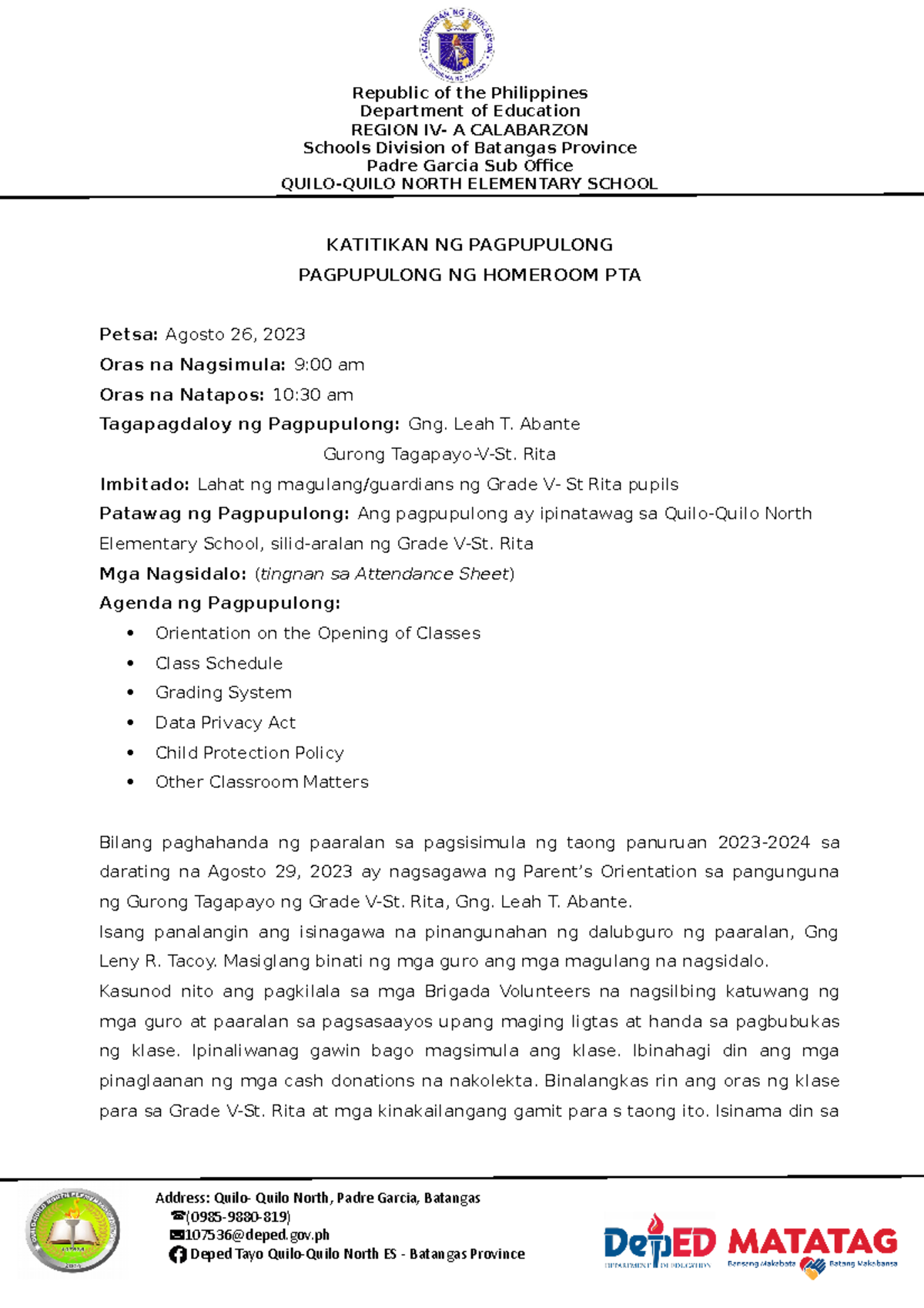 Parent-Teacher Conference - Republic of the Philippines Department of ...