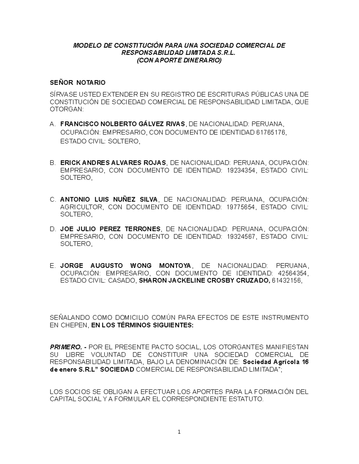 Minuta - MODELO DE CONSTITUCIÓN PARA UNA SOCIEDAD COMERCIAL DE RESPONSABILIDAD LIMITADA S.R ...