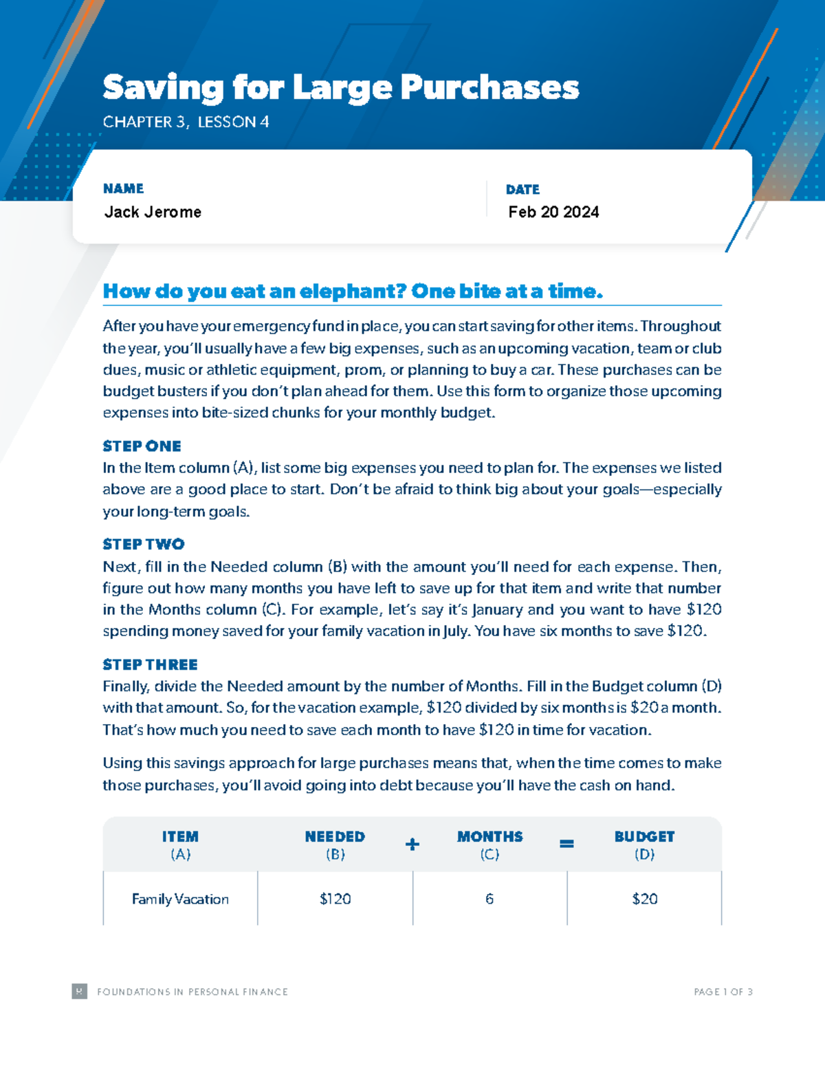 Big Purchases PDF - PAG E 1 O F 3 Saving for Large Purchases CHAPTER 3 ...