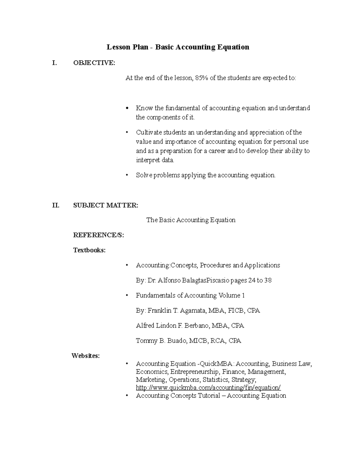 Lesson Plan- accounting equation final - Lesson Plan - Basic Accounting ...