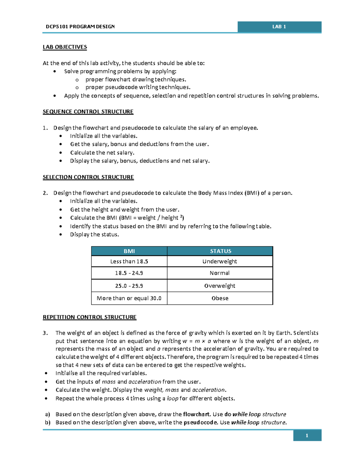 Question L1 - ... - DCP5101 PROGRAM DESIGN LAB 1 2020 1 LAB OBJECTIVES ...