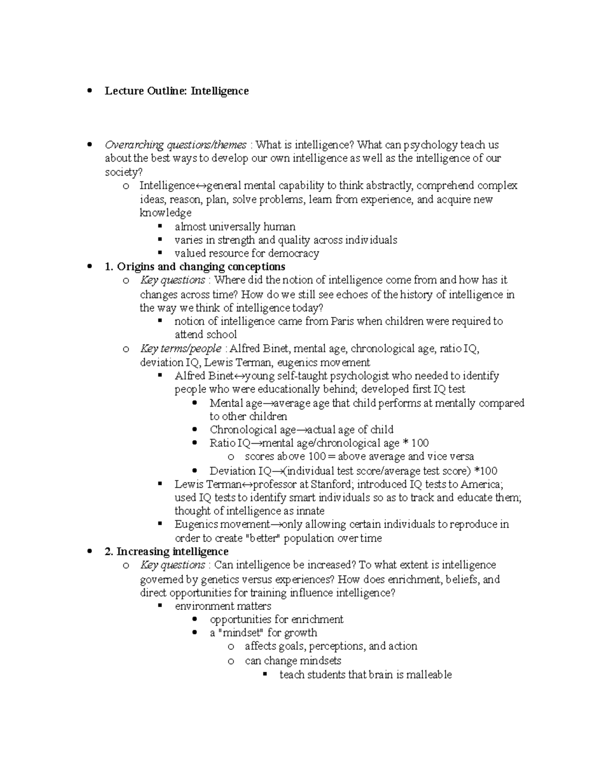 PSY101 Intelligence - Prof. Bridgette Hard - Lecture Outline ...