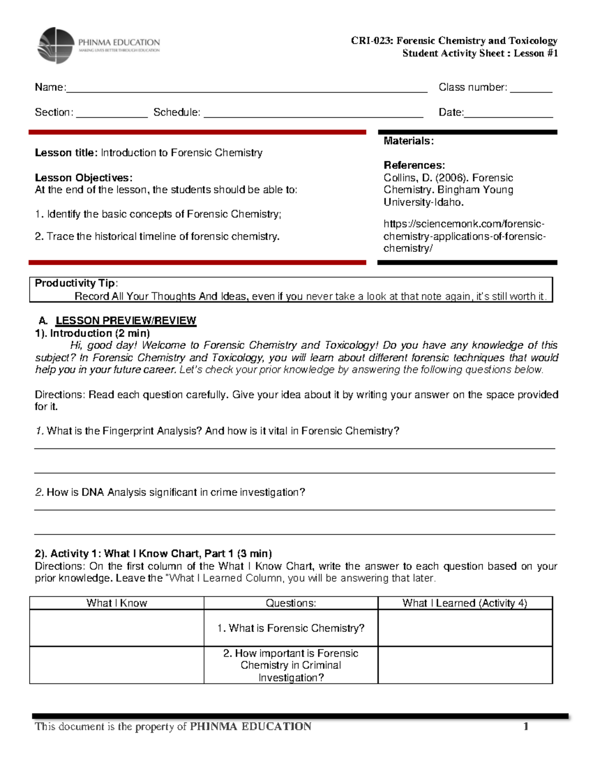 Lesson-1-Introduction-to-Forensic-Chemistry - Student Activity Sheet ...