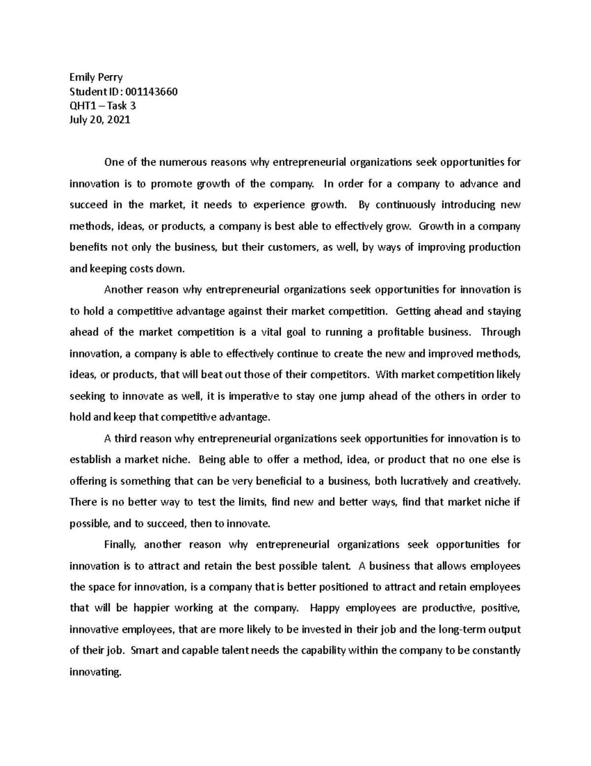 QHT1 - Task 3 - QHT1 - Task 3 - Emily Perry Student ID: 001143660 QHT1 ...